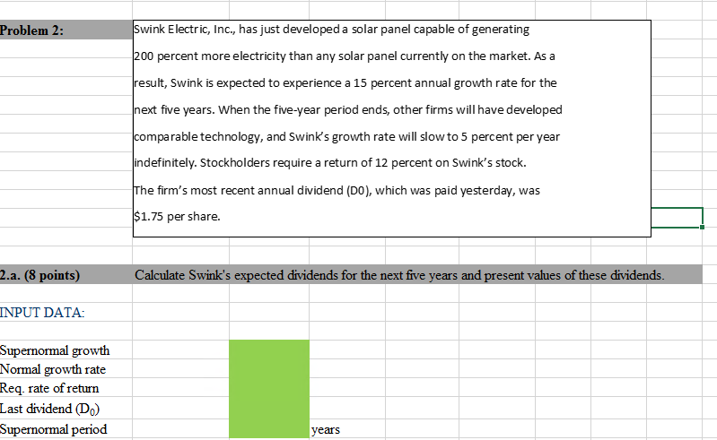 Solved Problem 2: swink Electric, Inc., has just developed a | Chegg.com