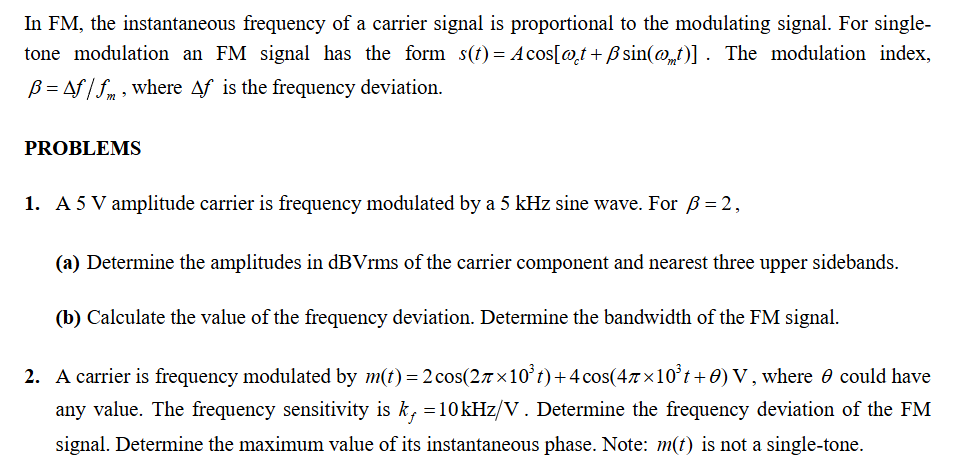In FM, ﻿the instantaneous frequency of ﻿a carrier | Chegg.com
