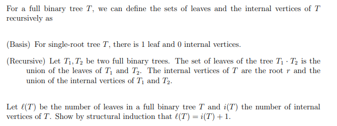 Solved For a full binary tree T, we can define the sets of | Chegg.com