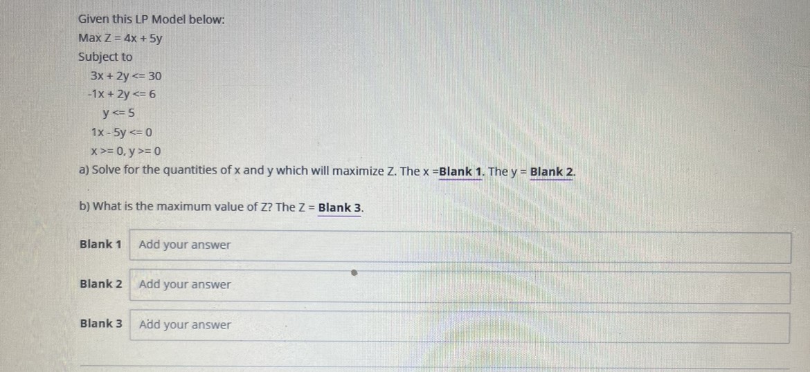 Solved Given this LP Model below: Max Z=4x+5y Subject to | Chegg.com
