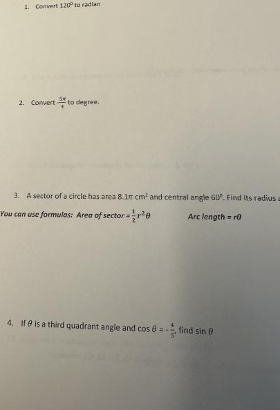 Solved 1. Convert 120∘ to radian 2. Convert 45π to degree. | Chegg.com