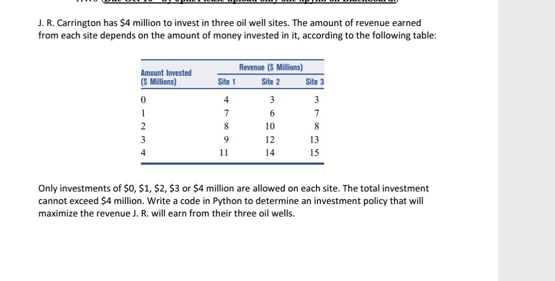 Solved J. R. Carrington has $4 million to invest in three | Chegg.com