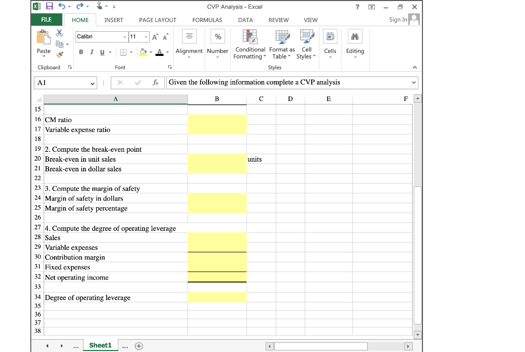 Solved CVP Analysis- Excel HOME INSERT PAGE LAYOUT | Chegg.com