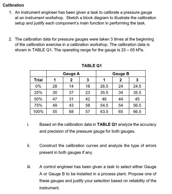 Calibration 1. An instrument engineer has been given | Chegg.com