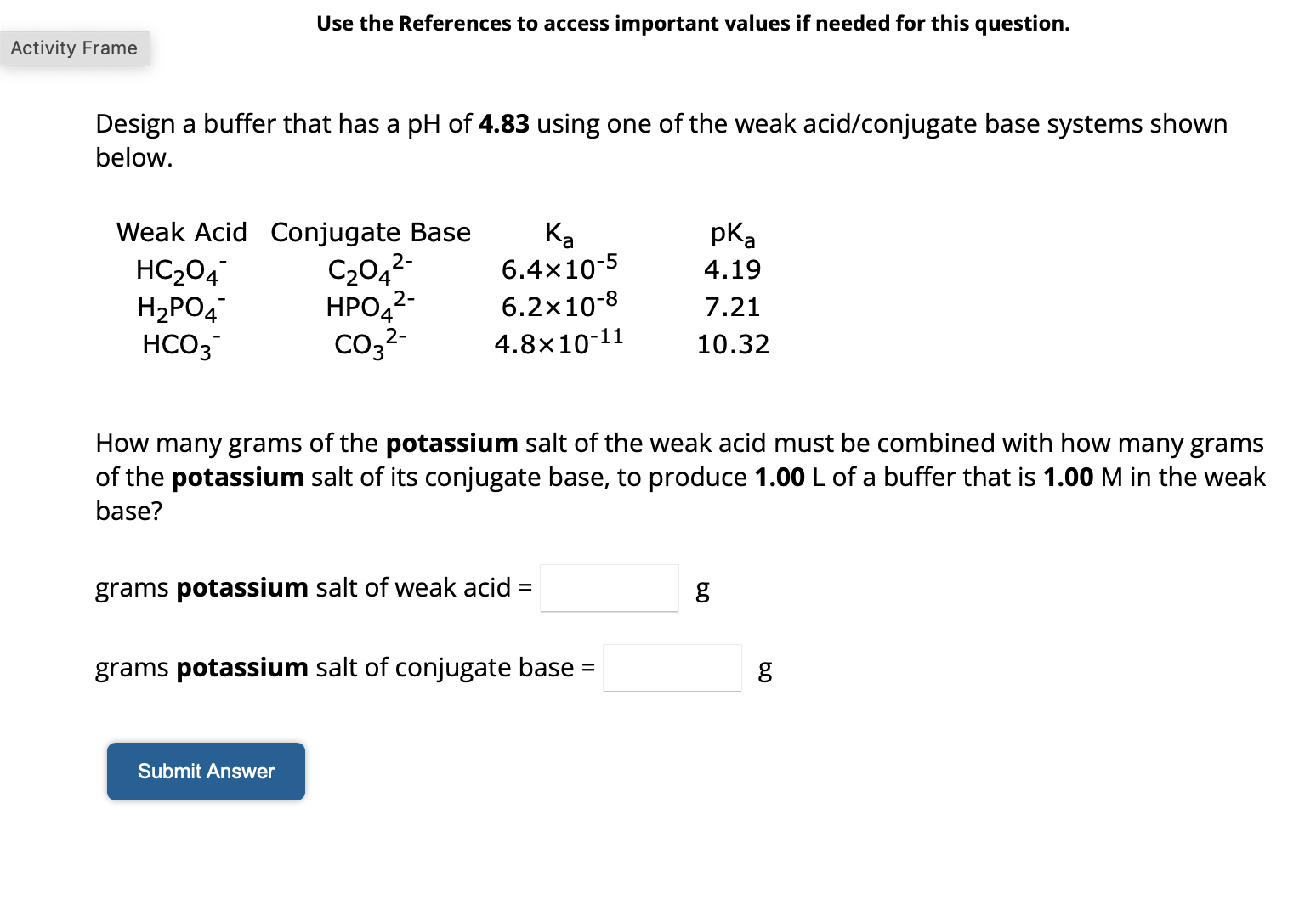 Solved Design a buffer that has a pH of 4.83 using one of | Chegg.com