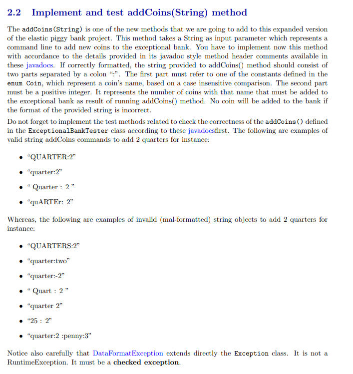 2.2 Implement and test addCoins (String) method The | Chegg.com