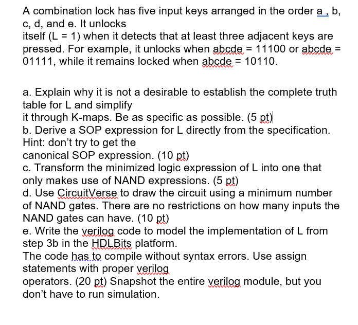 Solved A combination lock has five input keys arranged in | Chegg.com