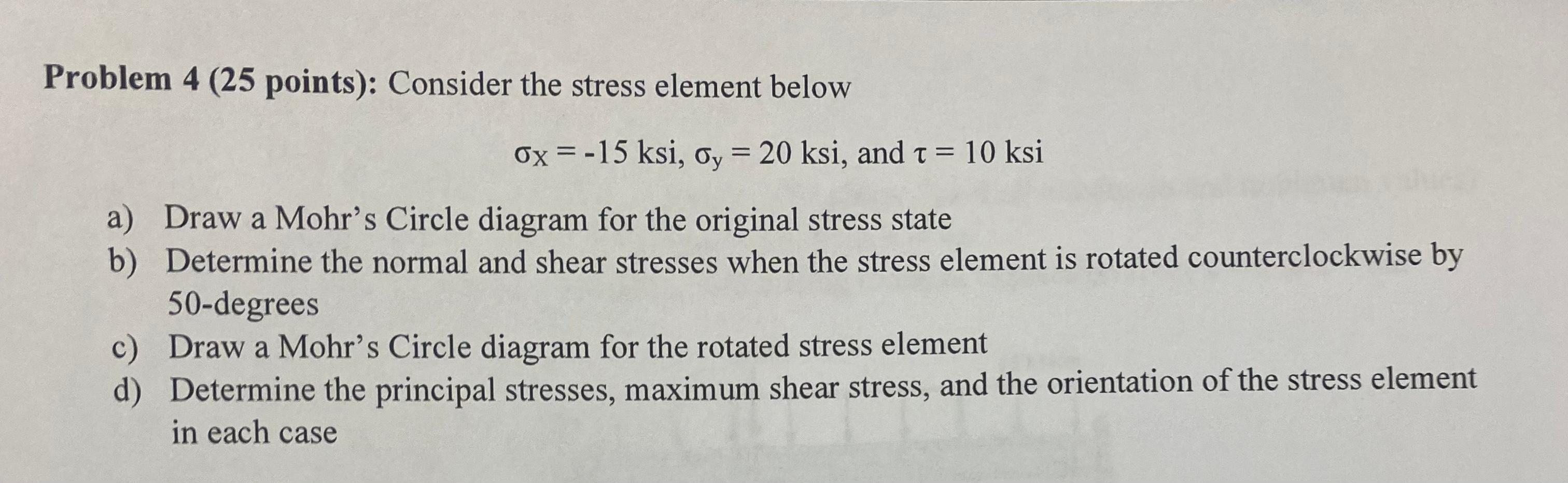 Solved Problem 4 (25 points): Consider the stress element | Chegg.com