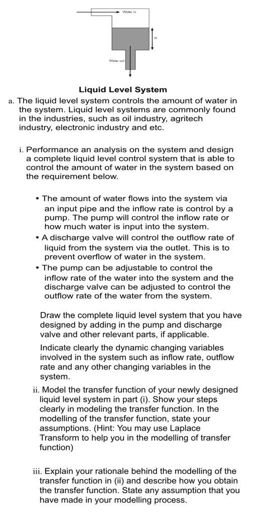 Solved Wat Liquid Level System a. The liquid level system | Chegg.com