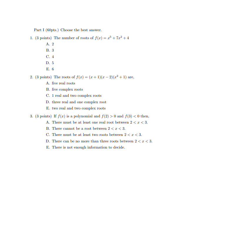 Solved Part I (60pts.) Choose the best answer. 1. (3 points) | Chegg.com