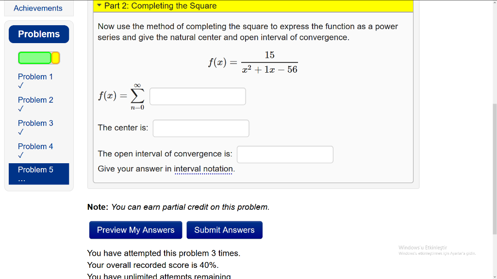 Solved Achievements Part 2: Completing the Square Problems | Chegg.com