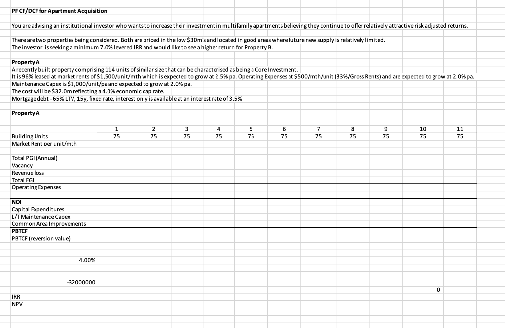 Solved PF CF/DCF for Apartment Acquisition There are two | Chegg.com