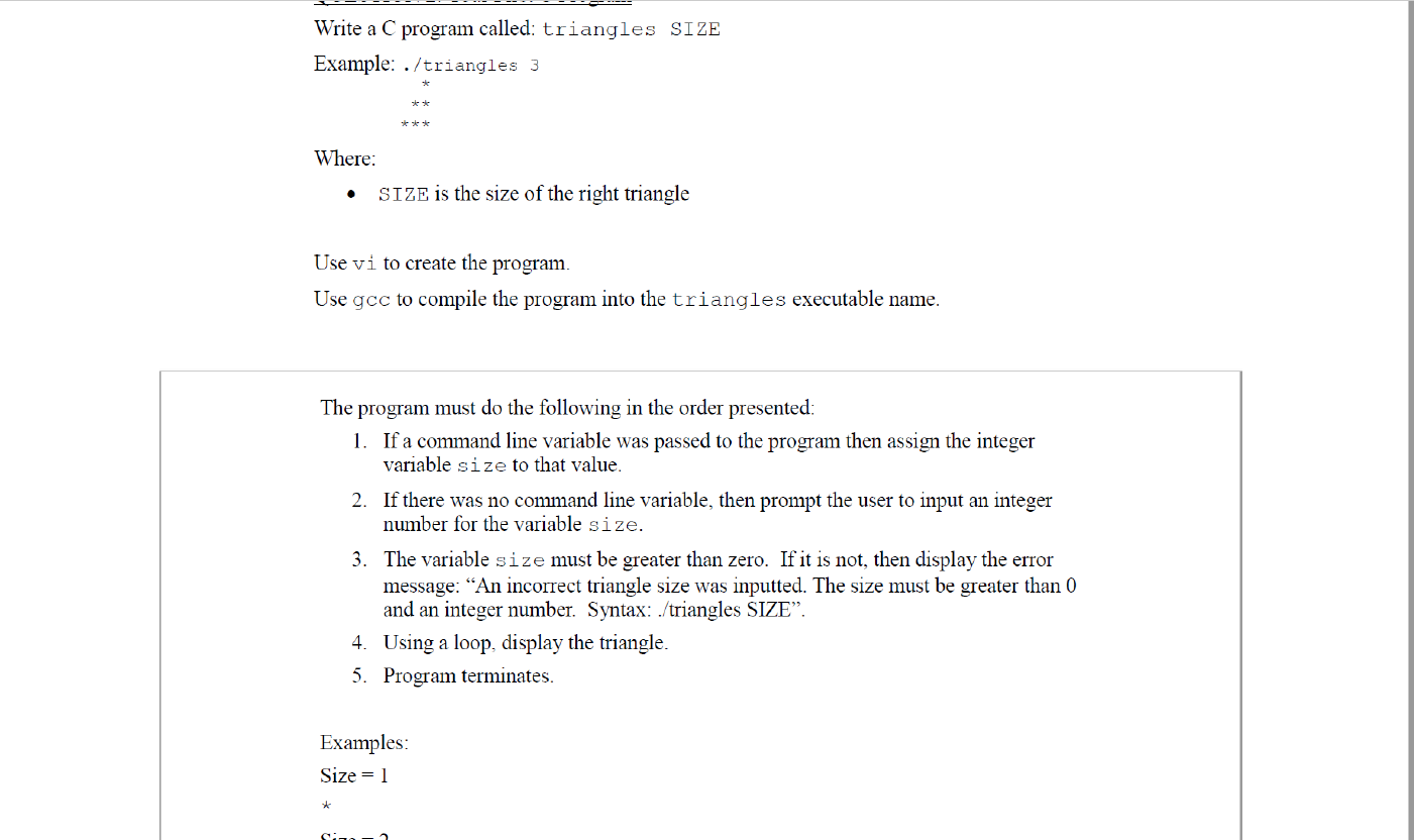Write a C program called: triangles SIZE Example: | Chegg.com