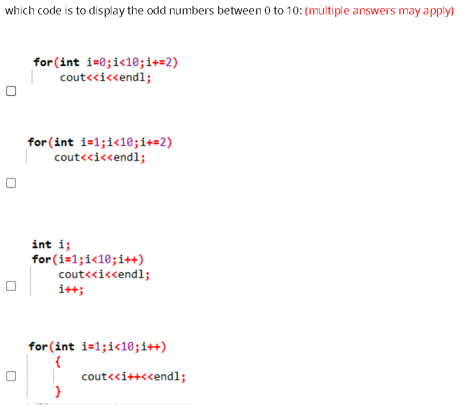 Solved which code is to display the odd numbers between 0 to | Chegg.com