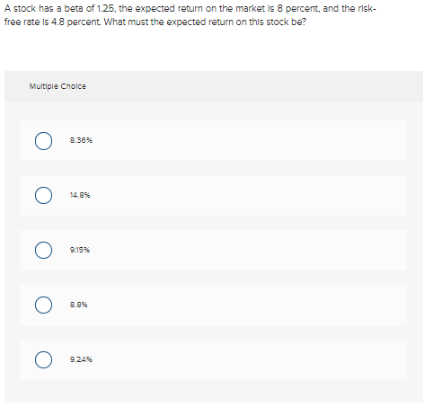 Solved A stock has a beta of 1.25, the expected return on | Chegg.com