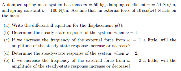 Solved A damped spring-mass system has mass m=50 kg, damping | Chegg.com