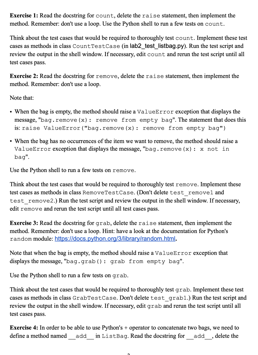 Solved Overview Of Class Listbag And Its Unit Tests Class 