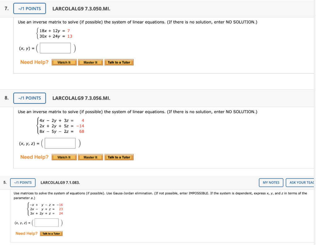 Solved |-1 POINTS LARCOLALG9 7.3.050.MI. Use an inverse | Chegg.com