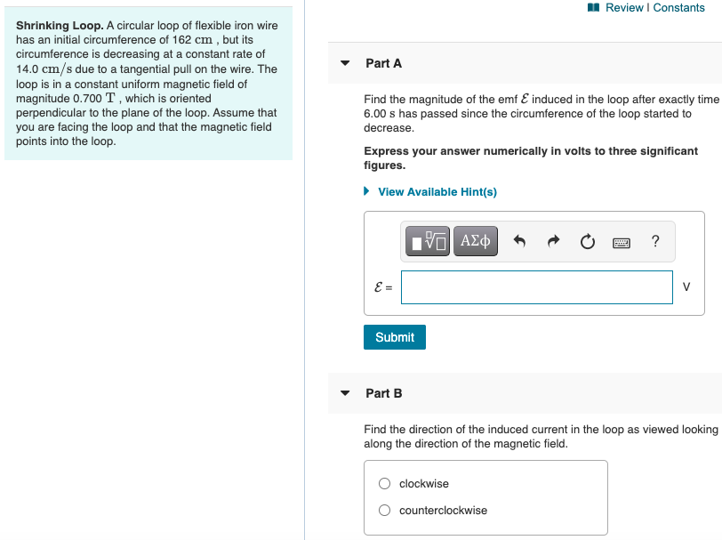 Solved Review Constants Part A Shrinking Loop. A circular | Chegg.com