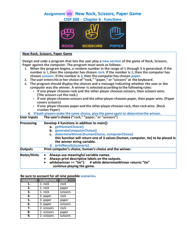 Solved Assignment 6b New Rock, Scissors, Paper Game CISP 300 | Chegg.com