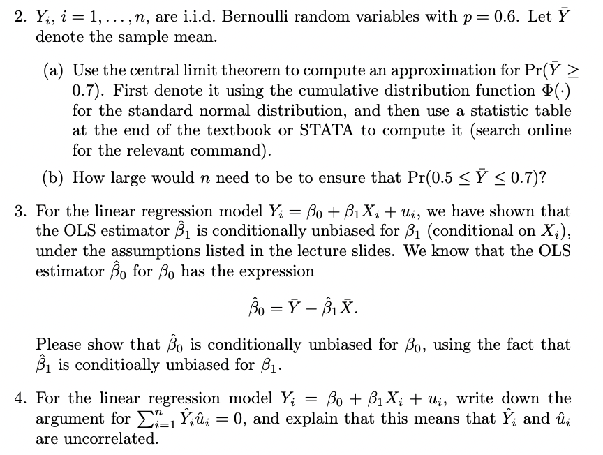 Solved 2. Yi,i=1,…,n, are i.i.d. Bernoulli random variables | Chegg.com