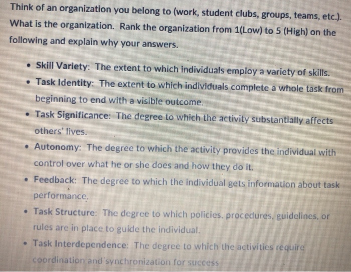 Solved Think of an organization you belong to (work, student | Chegg.com