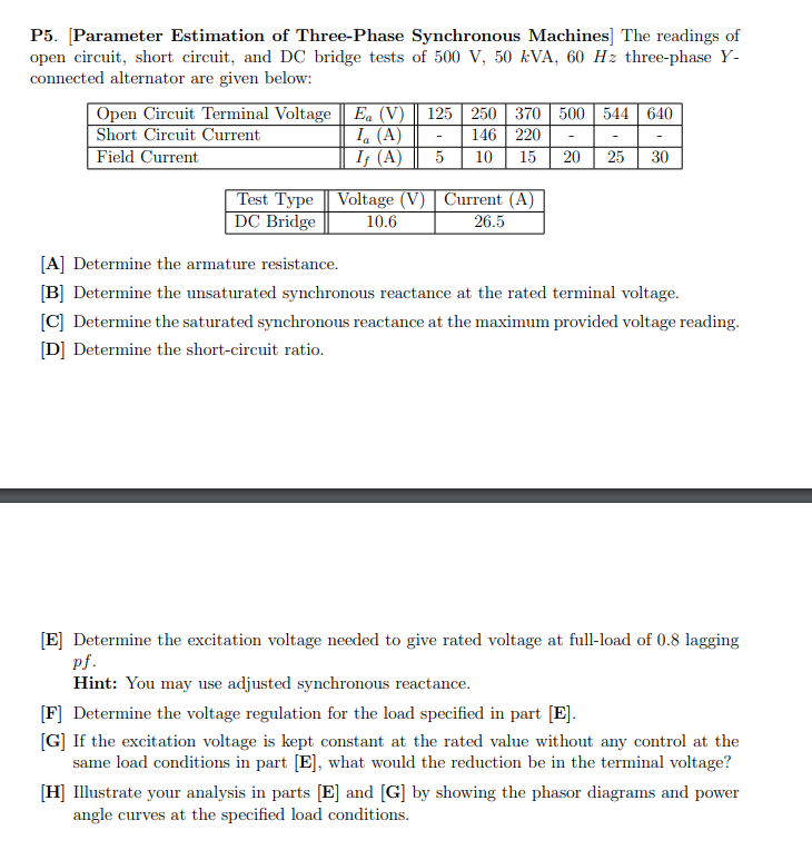 Solved P5. [Parameter Estimation of Three-Phase Synchronous | Chegg.com Solved P5. [Parameter Estimation of Three-Phase Synchronous | Chegg.com