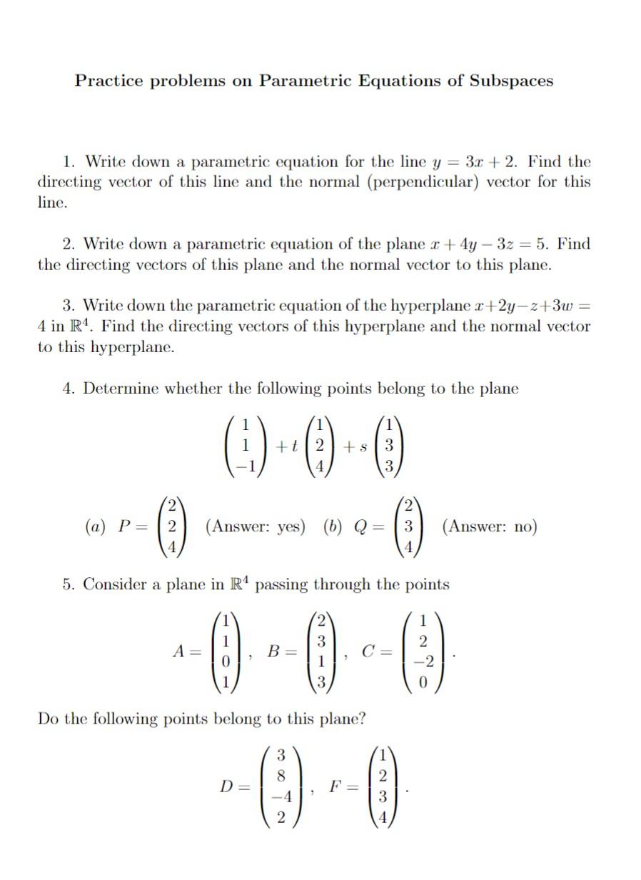 Solved Practice problems on Parametric Equations of | Chegg.com