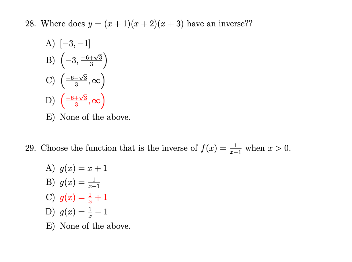 Solved 28. Where does y=(x+1)(x+2)(x+3) have an inverse?? A) | Chegg.com