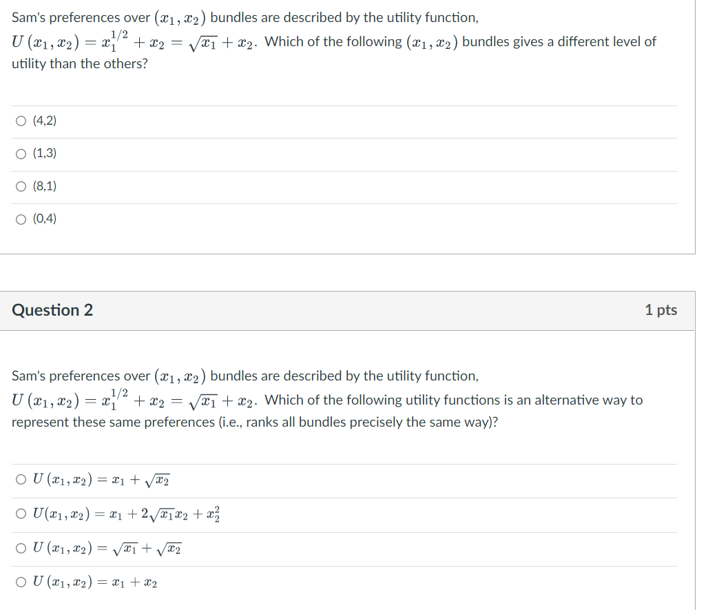 Solved Sam's preferences over (x1,x2) bundles are described | Chegg.com