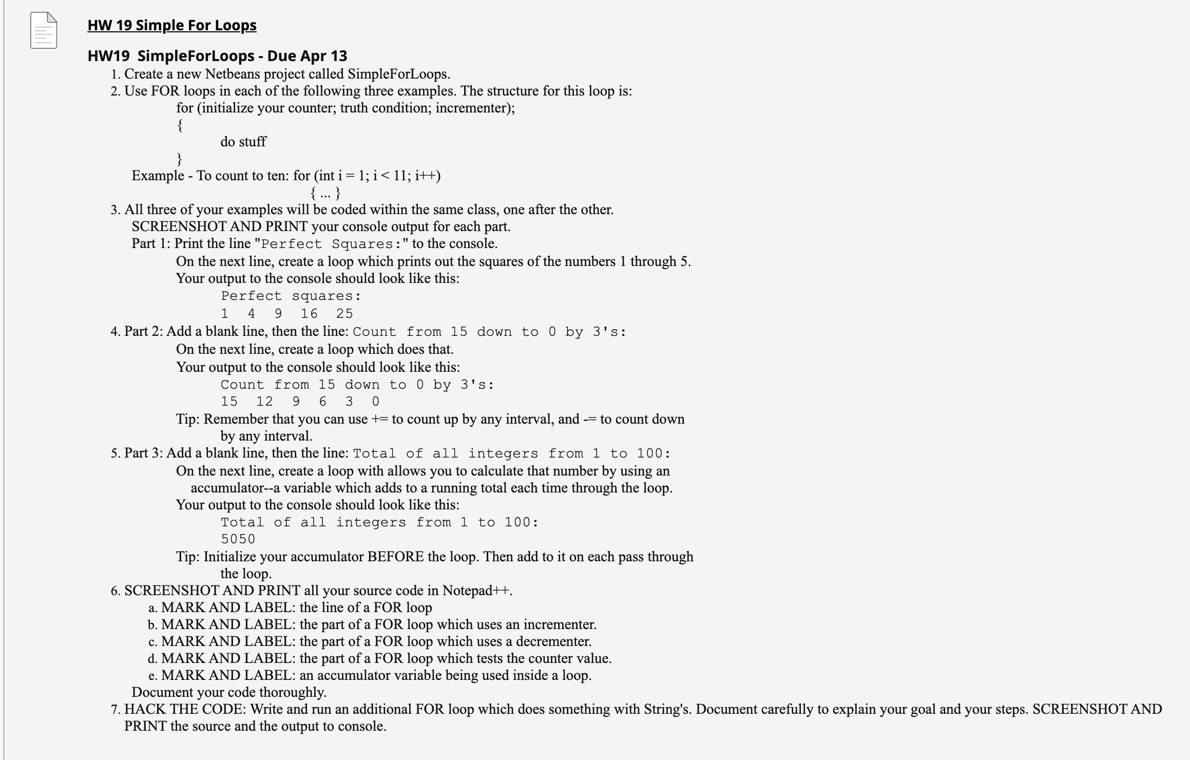 Solved HW 19 Simple For Loops HW19 SimpleForLoops - Due Apr | Chegg.com