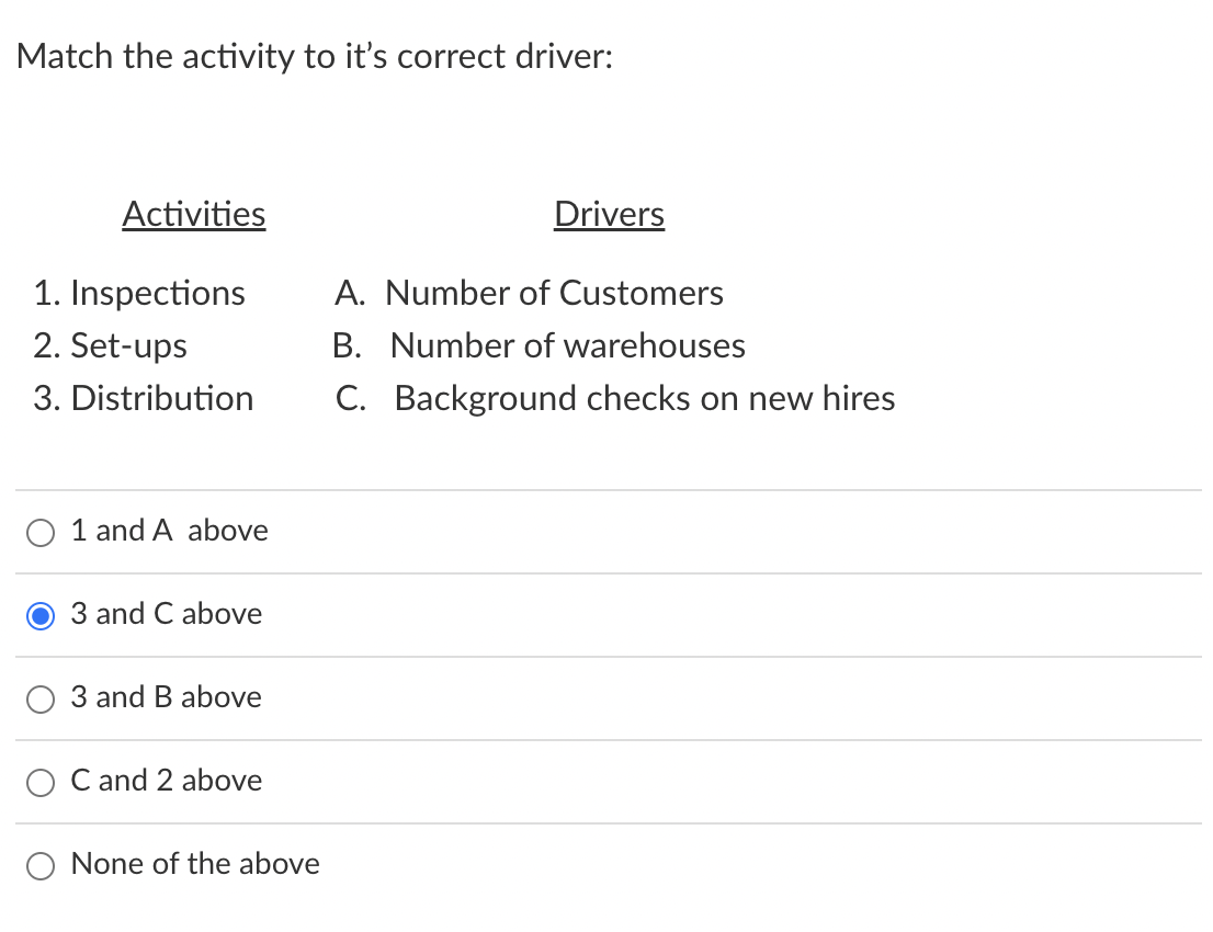 Solved Match the activity to it's correct driver: Activities | Chegg.com