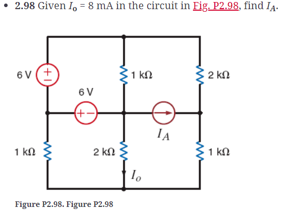 Solved - 2.98 Given I0=8 mA in the circuit in 팡. P2.98, find | Chegg.com