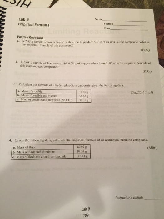 Solved Lab 9 Empirical Formulas Name Section Date Postlab | Chegg.com