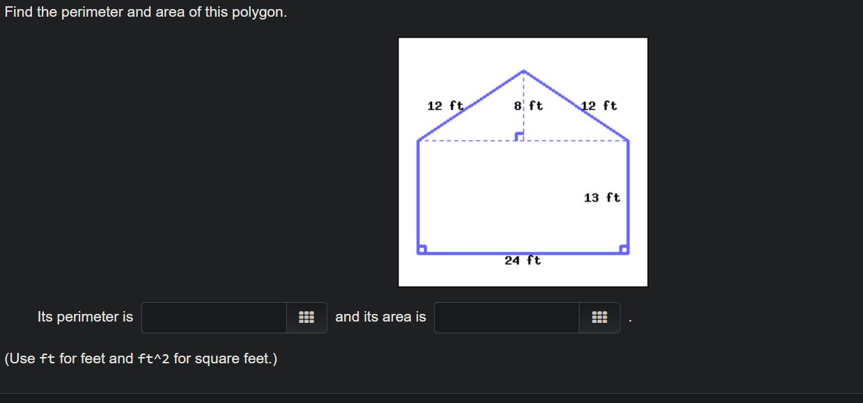 Solved Find the perimeter and area of this polygon. 12 ft 8 | Chegg.com