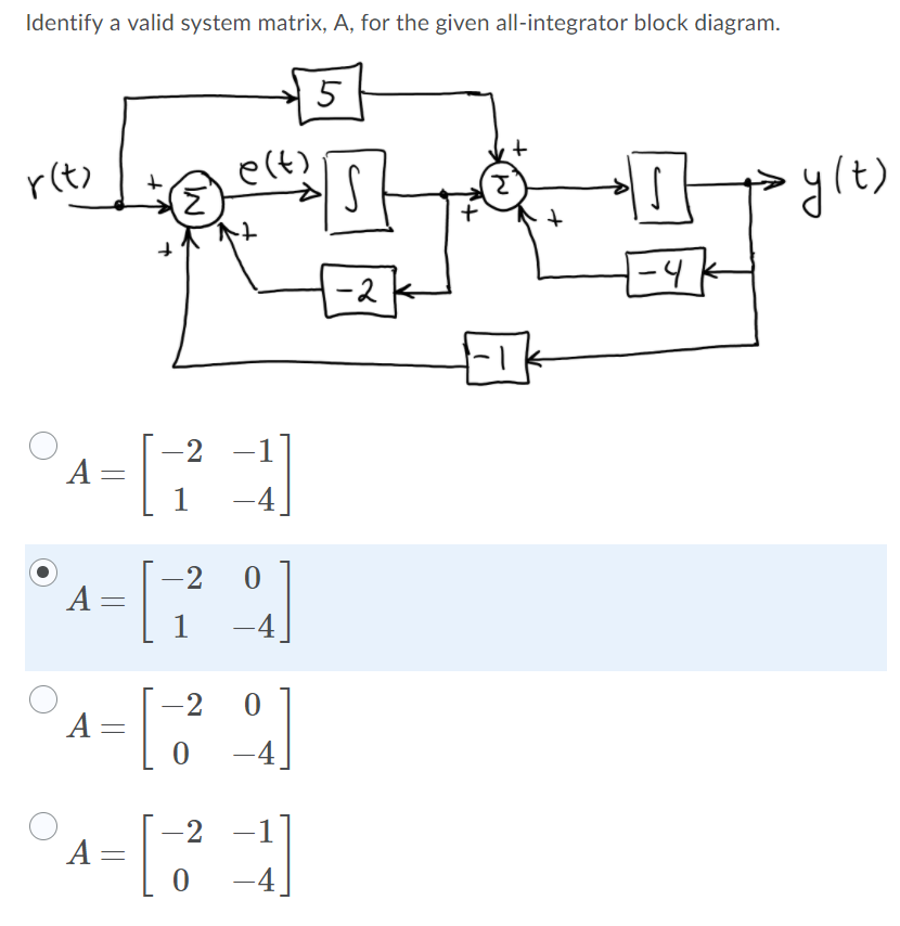 Solved Identify a valid system matrix, A, for the given | Chegg.com