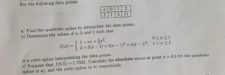 Solved 2012 f 1311 a) Find the quadratic spline to | Chegg.com