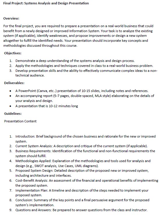 Solved Final Project: Systems Analysis and Design | Chegg.com