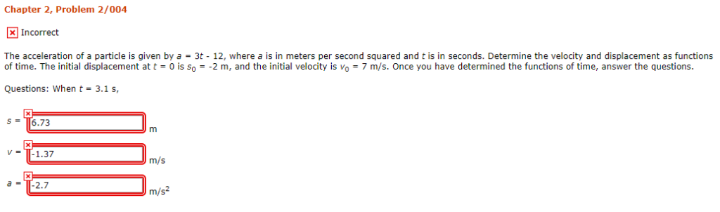 Solved Chapter 2, Problem 2/004 XIncorrect The acceleration | Chegg.com