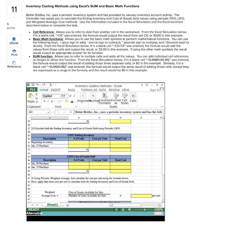Solved Inventory Costing Methods using Excel's SUM and Basic | Chegg.com