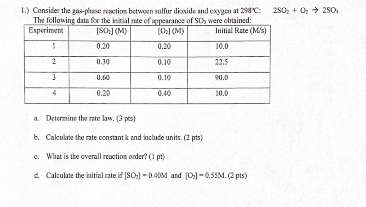 Solved 2SO2 + O2 → 2503 1.) Consider the gas-phase reaction | Chegg.com