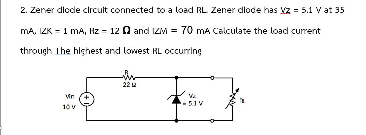 Solved 2. Zener diode circuit connected to a load RL. Zener | Chegg.com