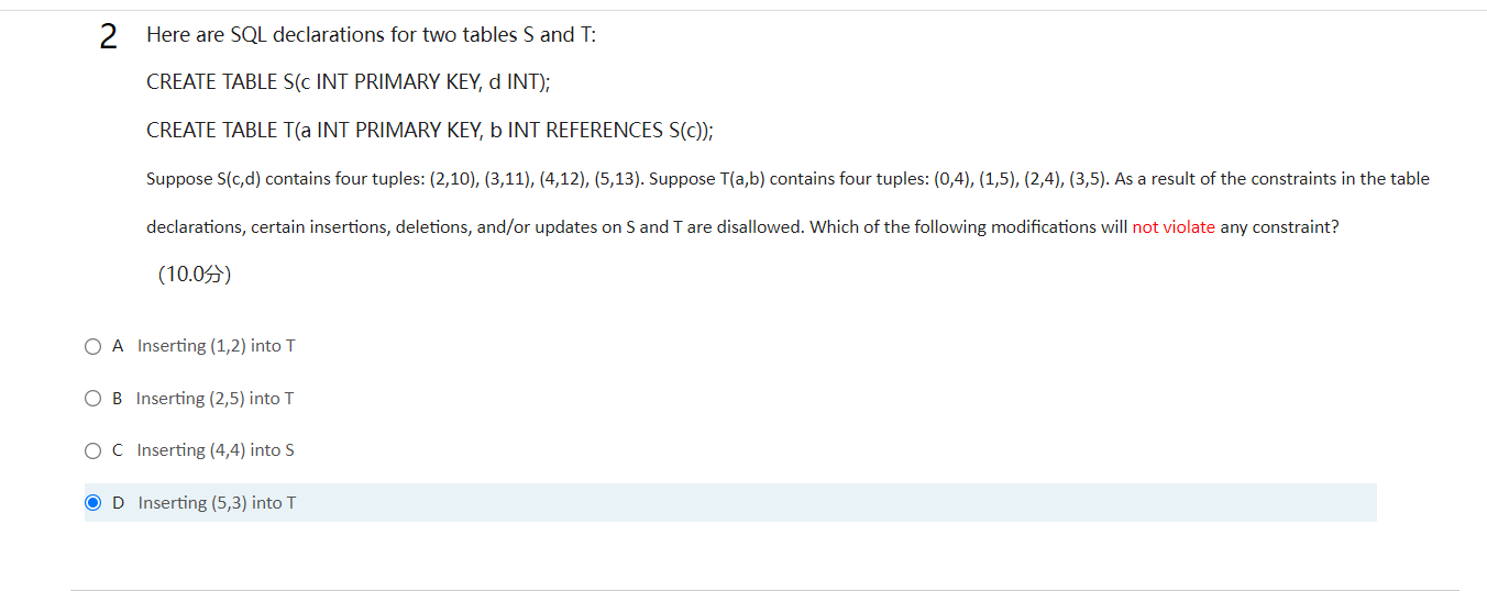 Solved 2 Here are SQL declarations for two tables S and T: | Chegg.com