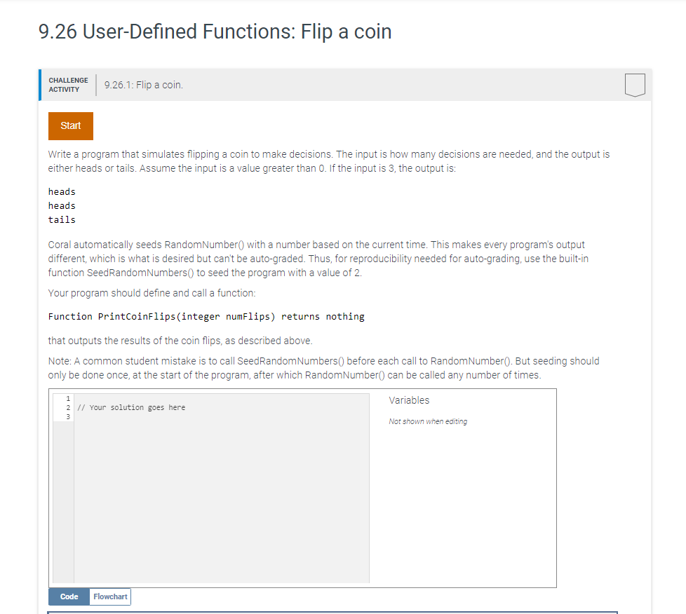 Solved 9.26 User-Defined Functions: Flip a coin CHALLENGE | Chegg.com
