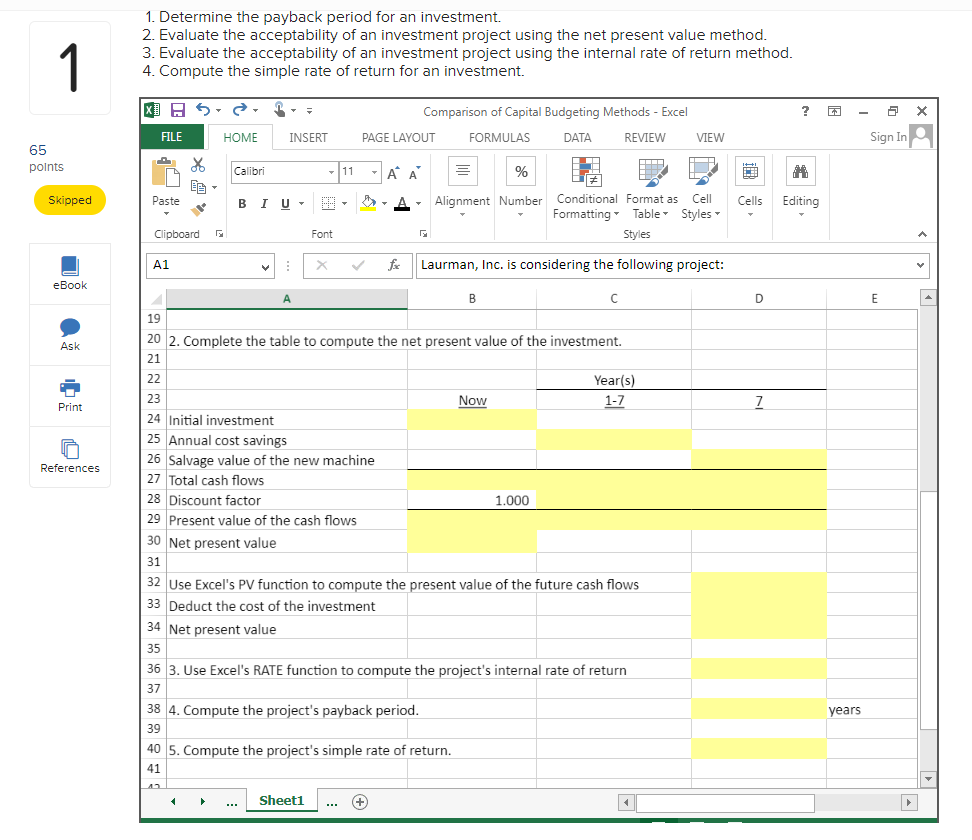 Solved Week 8: Excel Simulation - Capital Budgeting 0 Saved | Chegg.com