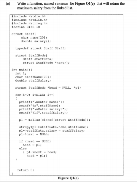 Solved (c) Write a function, named findMax for Figure Q1(e) | Chegg.com