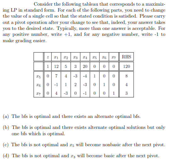 Solved Consider the following tableau that corresponds to a | Chegg.com