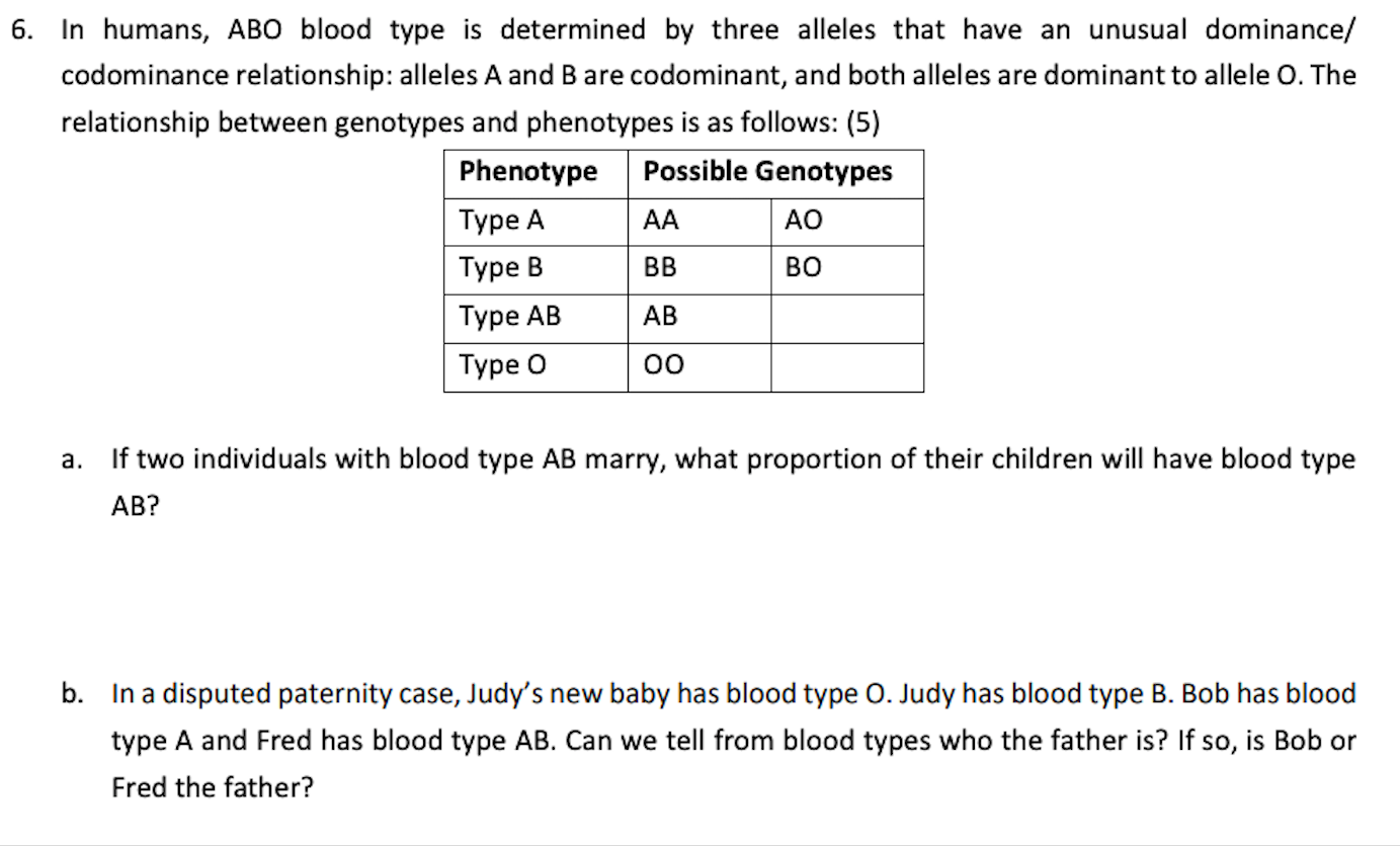 Solved 6. In humans, ABO blood type is determined by three | Chegg.com