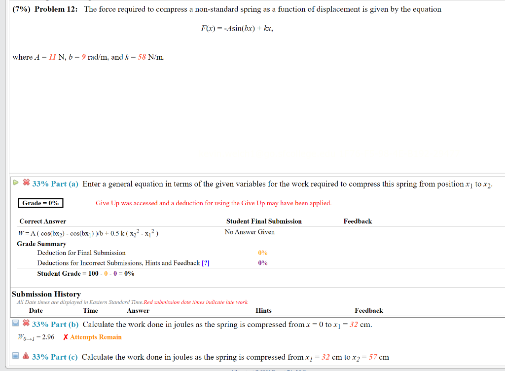 Solved (7%) Problem 12: The force required to compress a | Chegg.com