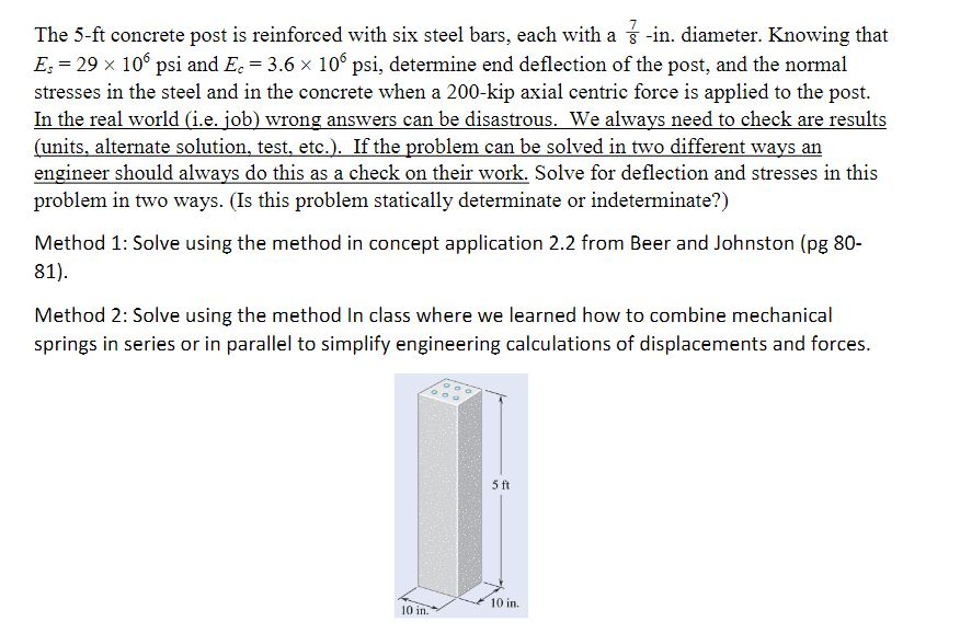 Solved The 5-ft concrete post is reinforced with six steel | Chegg.com